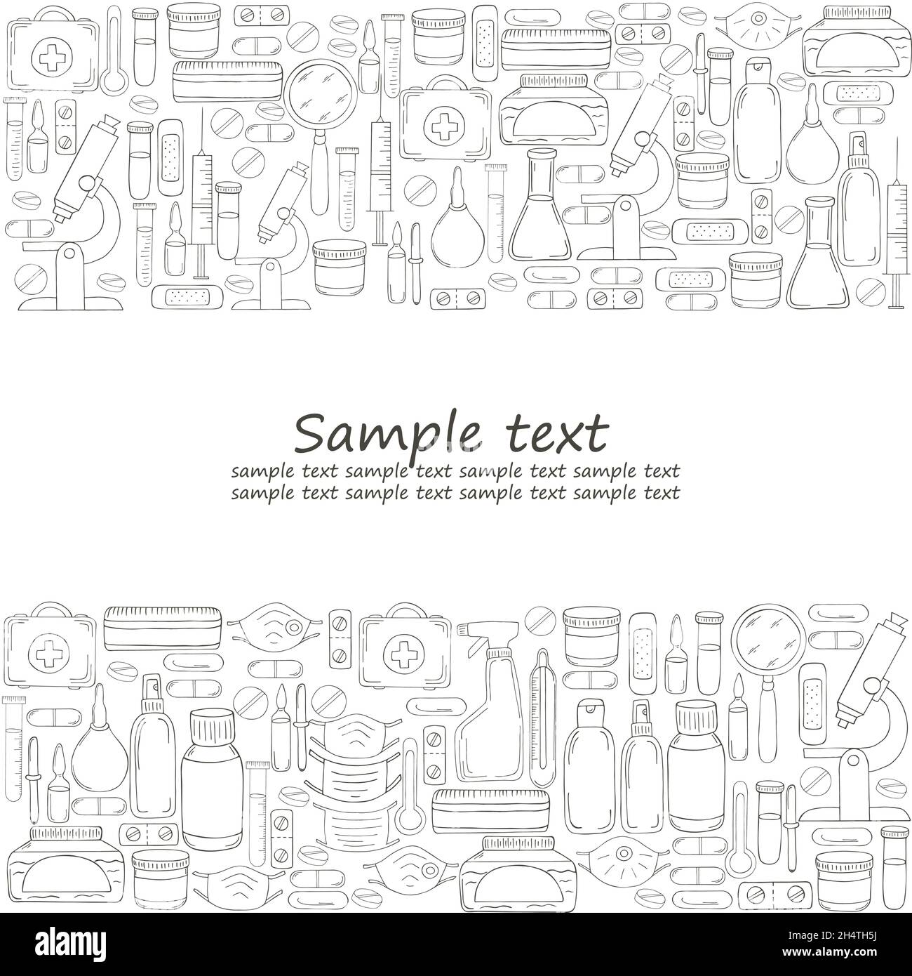 Coloring frame, text. Laboratory assistant doctor tools set in hand ...