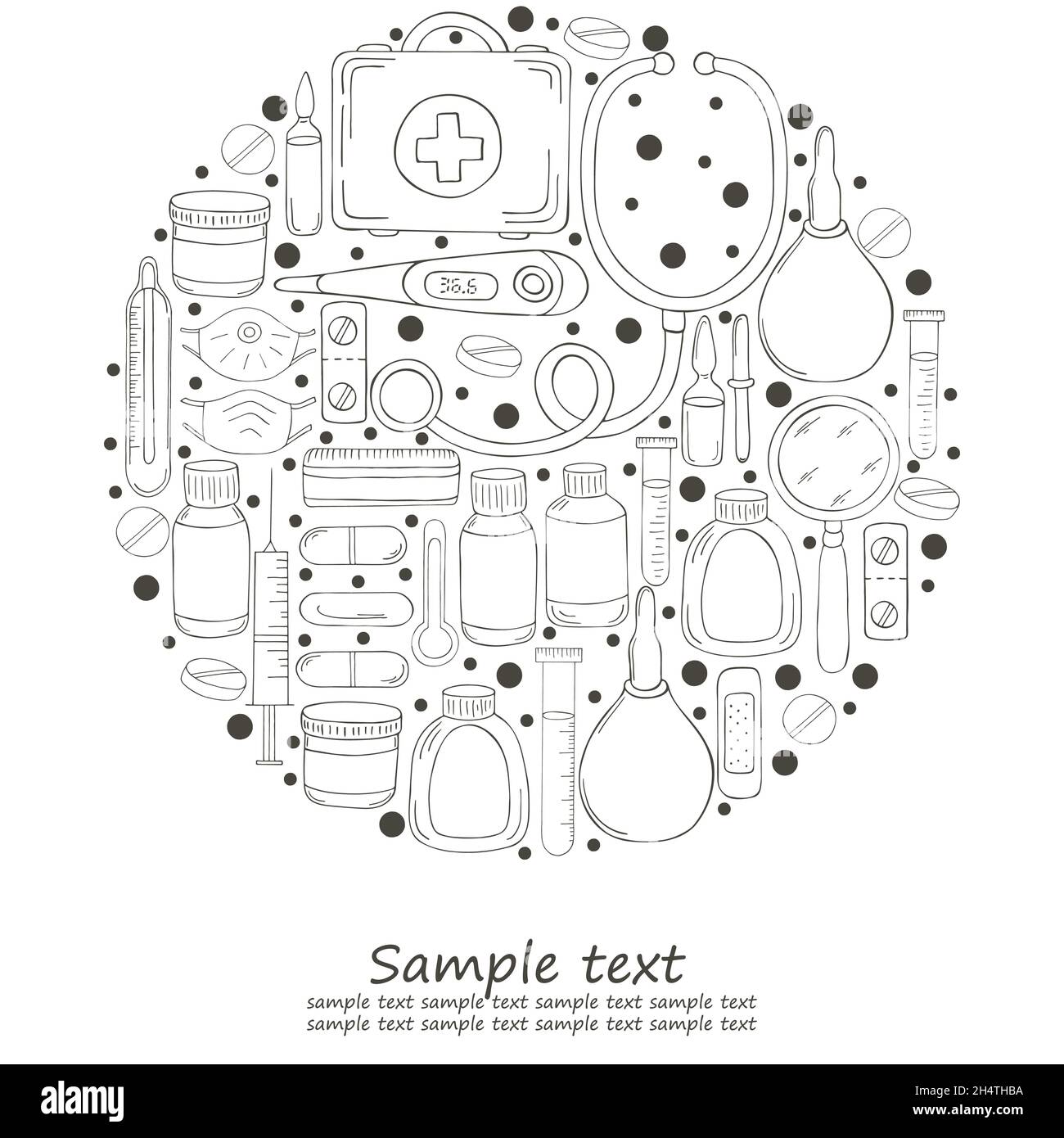 Round Coloring vector illustrations, text. Set of doctor's tools in ...
