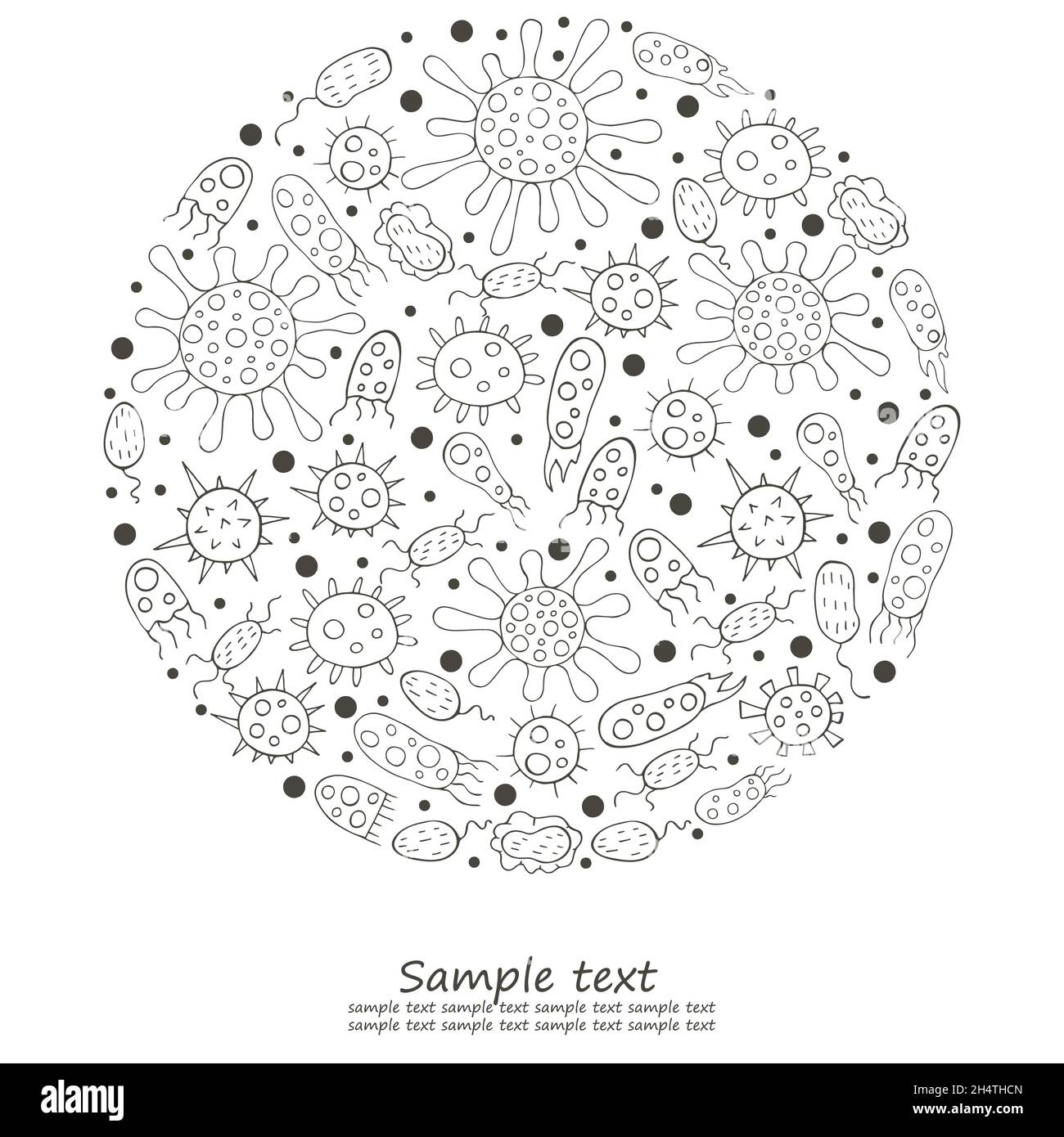 Coloring design elements, text. Set of cartoon microbes in hand draw ...