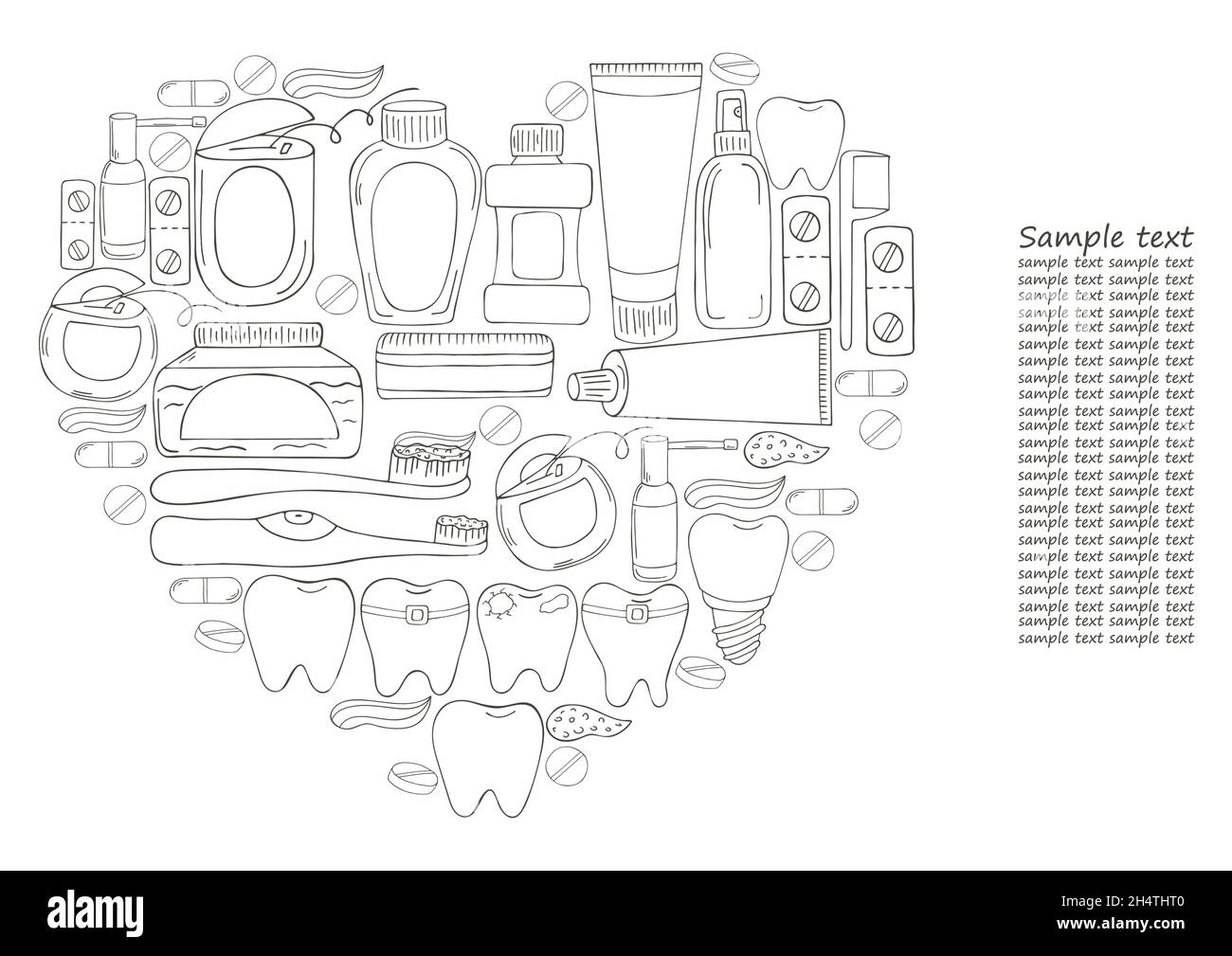 Heart Coloring page, text. Set of elements for the care of the oral ...