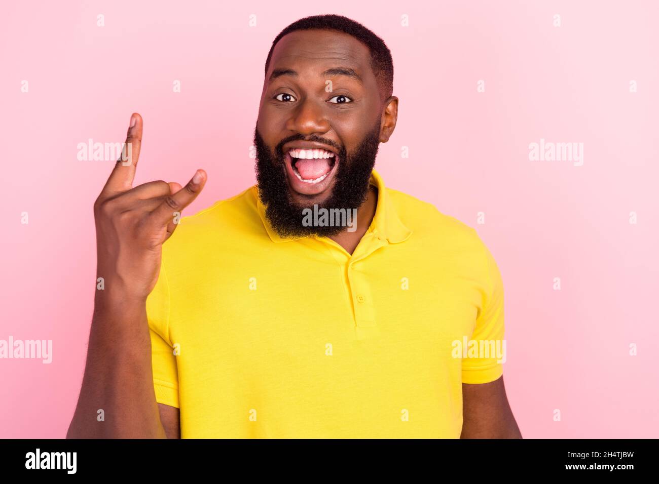 Photo of cool happy crazy afro american man music lover make rock sing ...