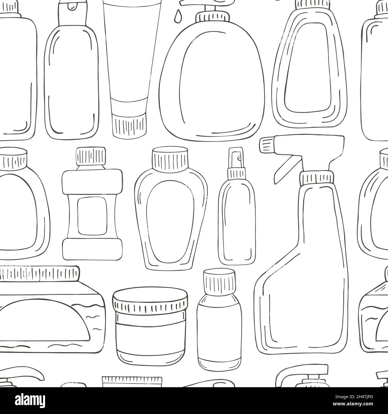 Collection of cans, packages, tubes. Coloring Seamless pattern. Set of ...
