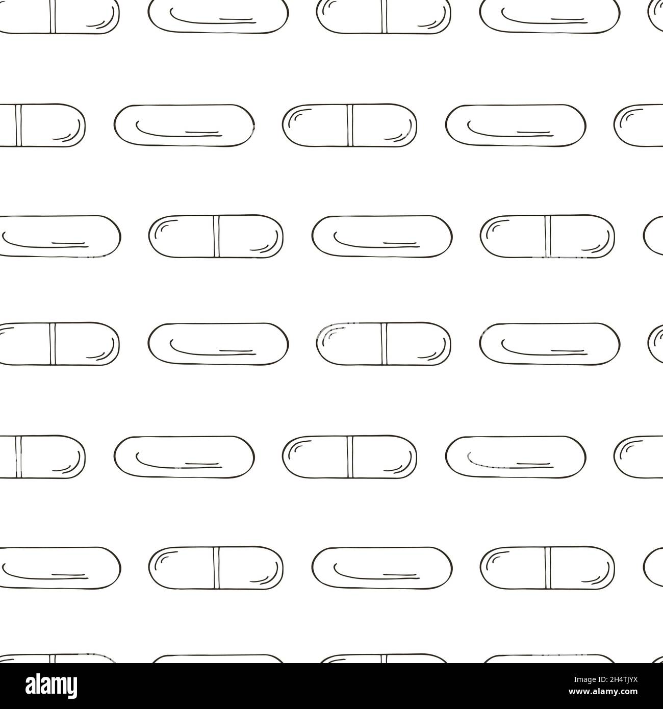 Seamless pattern on a white background. Cartoon medical drugs in hand ...