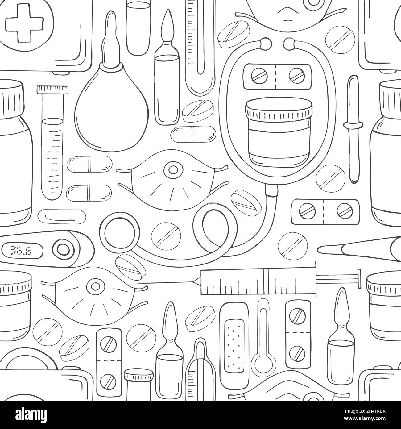 Coloring Seamless pattern. Cartoon medical instruments in hand draw ...