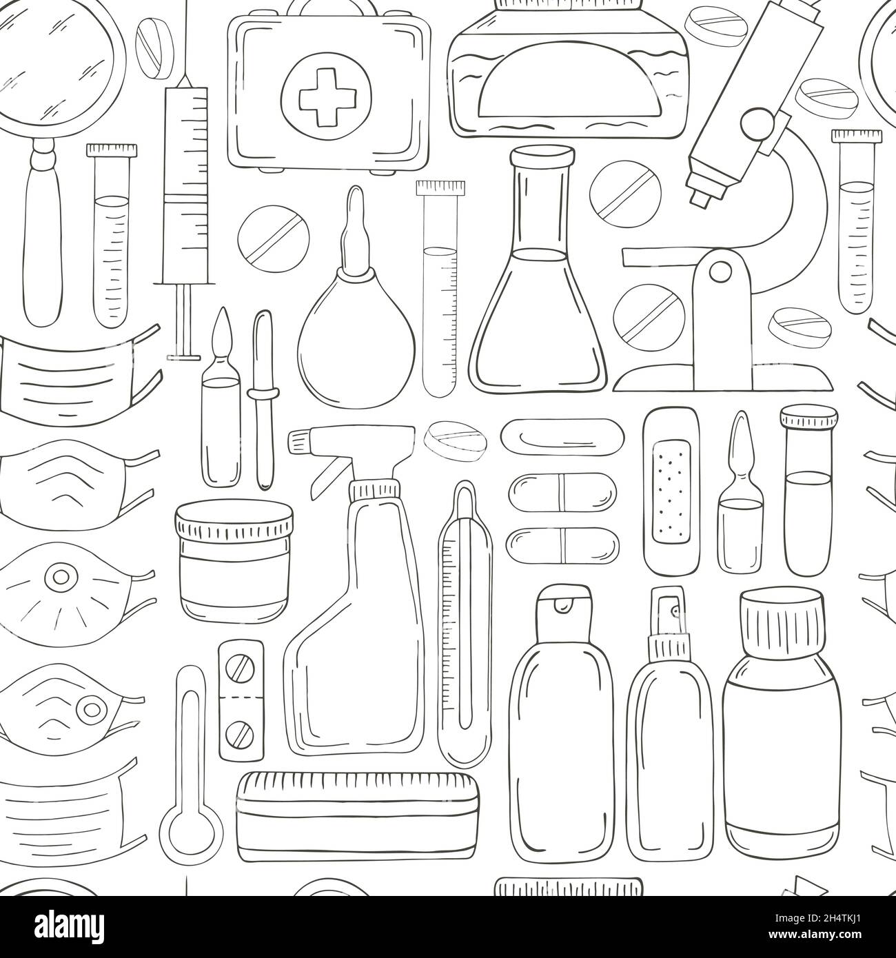 Coloring Seamless pattern. Cartoon medical instruments in hand draw ...