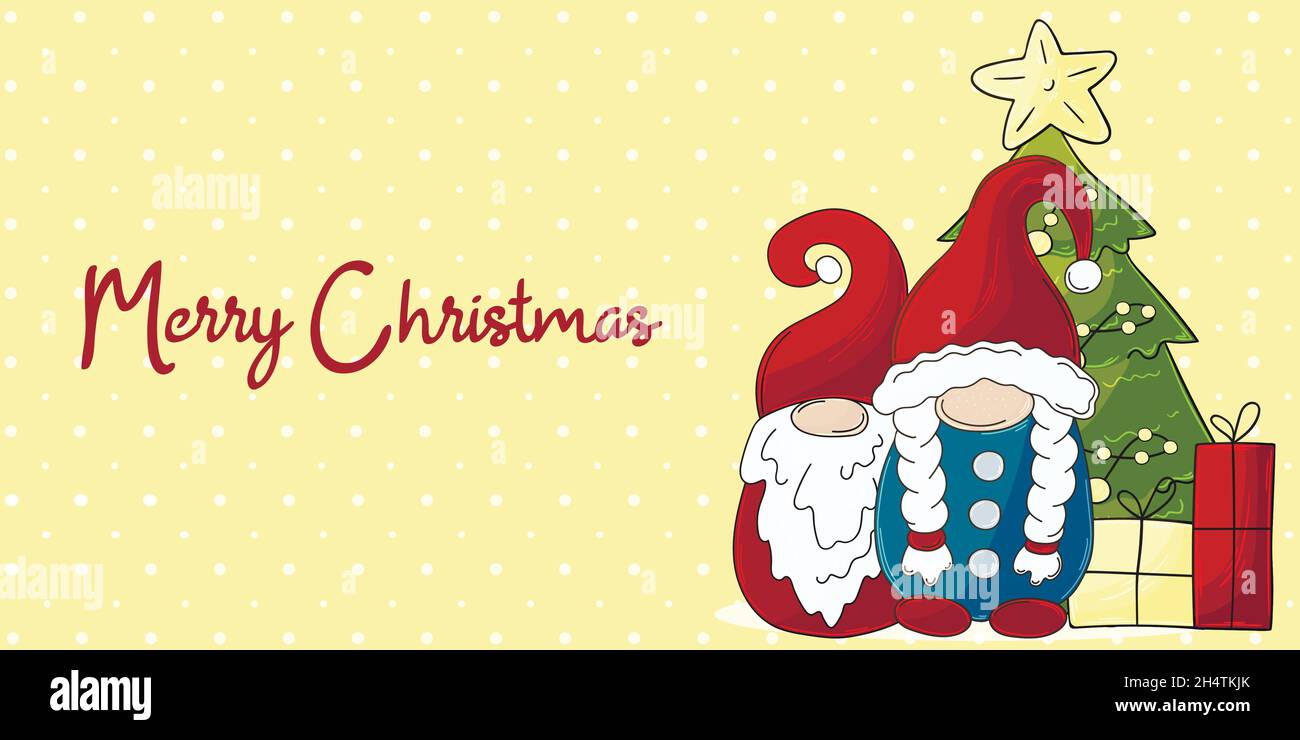 Yellow Christmas banner in handdrawn style. Two gnomes in Santa Claus ...