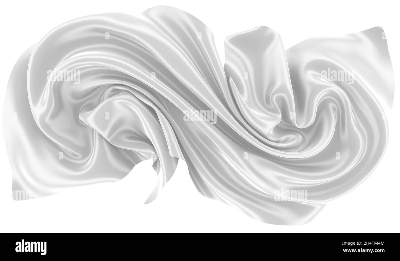 Beautiful flowing cloth flying in the wind. White wavy silk or satin ...
