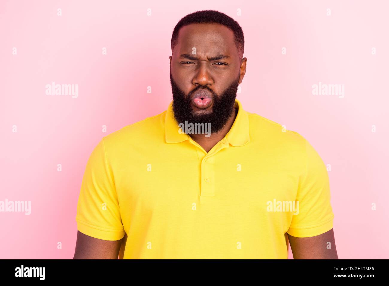 Portrait of attractive confused funky virile guy pout lips isolated ...