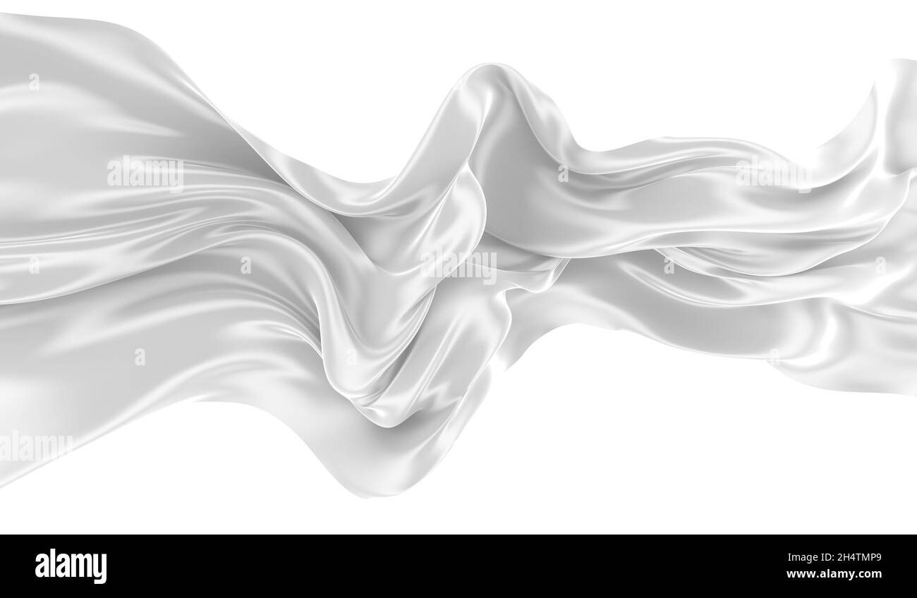Beautiful flowing cloth flying in the wind. White wavy silk or satin ...