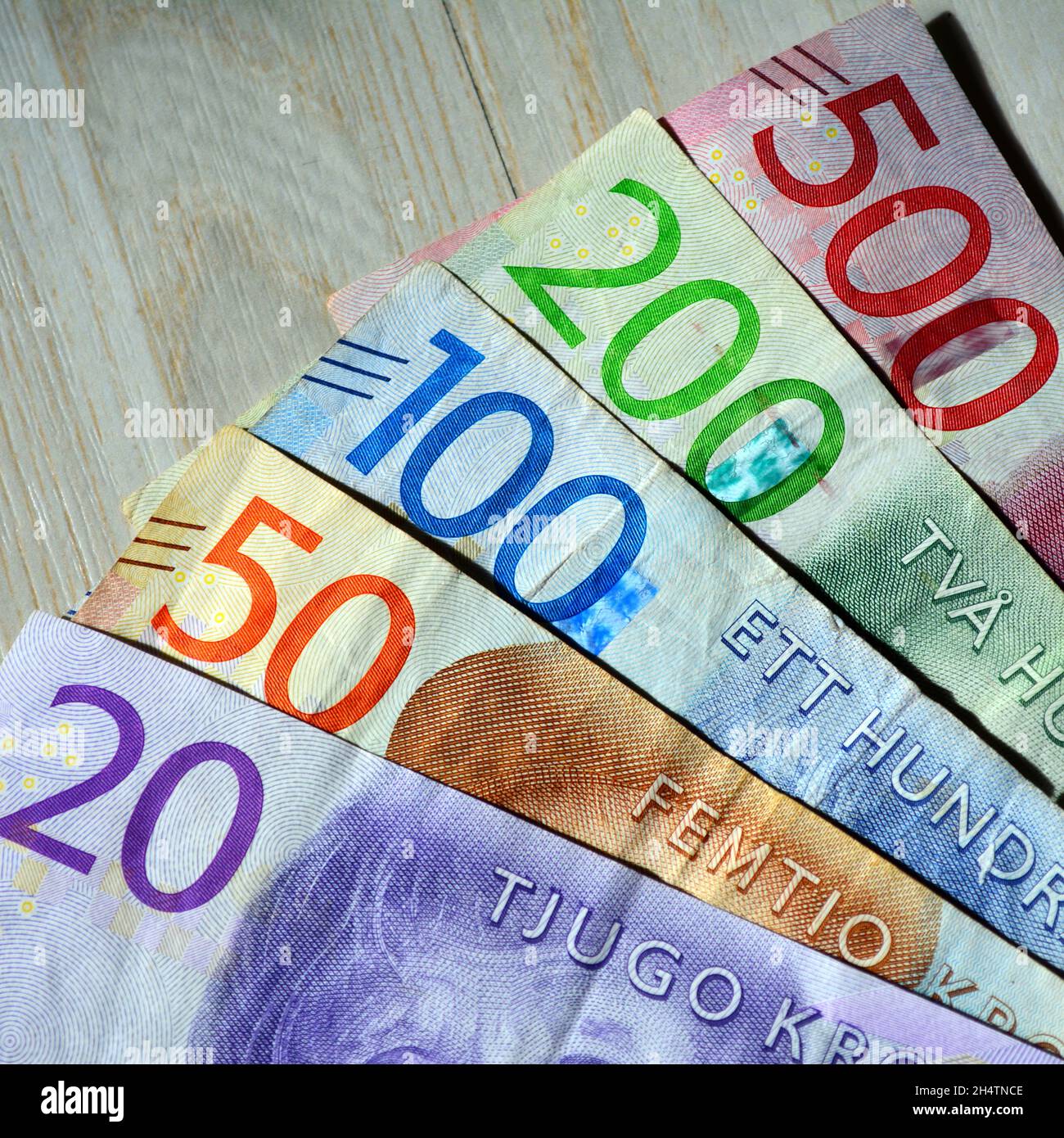 Top view of colorful Swedish krona paper banknotes of different values ...