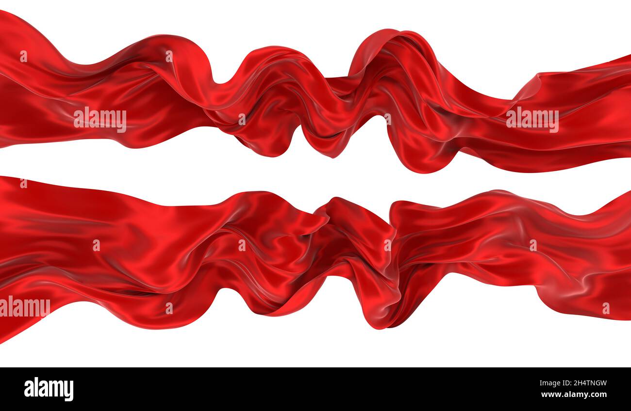 Beautiful flowing fabric flying in the wind. Red wavy silk or satin ...