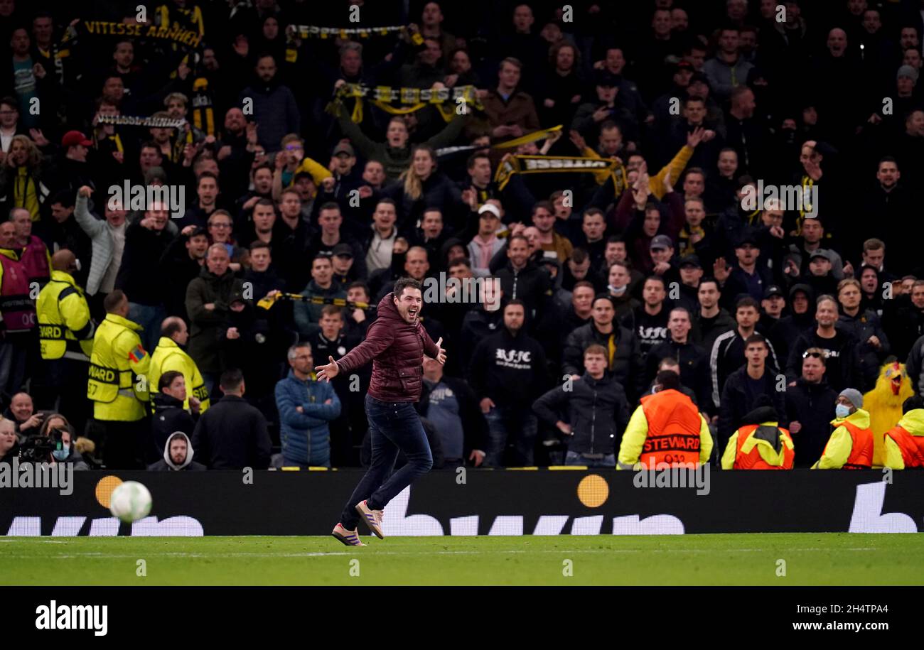 A pitch invader during the UEFA Europa Conference League Group G match ...