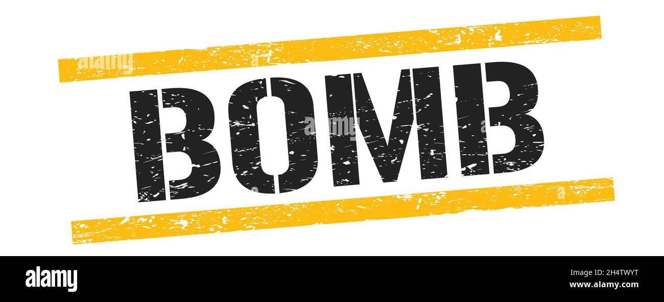 BOMB text on black yellow grungy lines stamp sign Stock Photo - Alamy