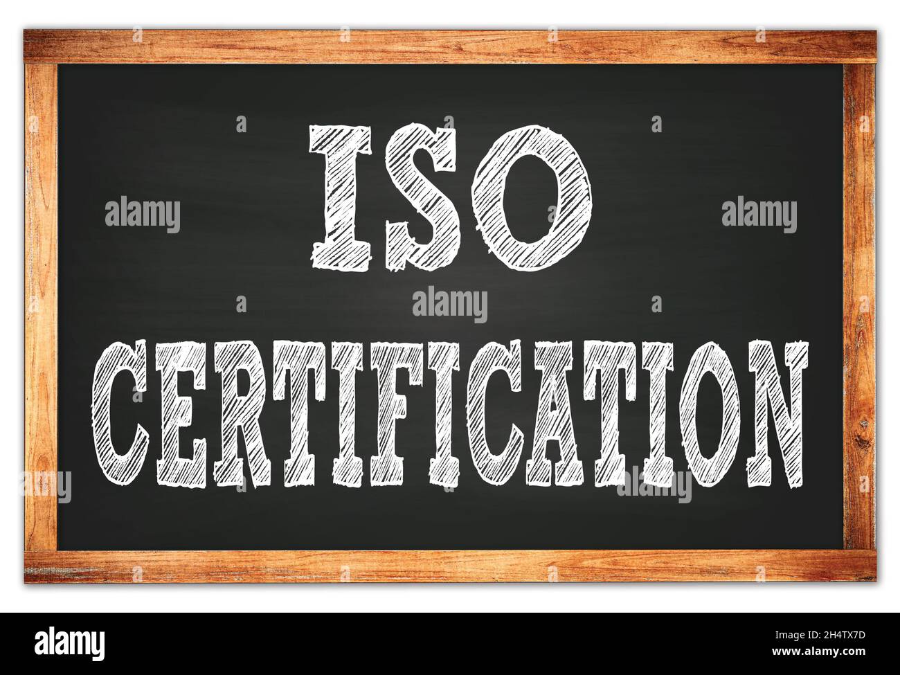 ISO CERTIFICATION written on black wooden frame school blackboard Stock ...