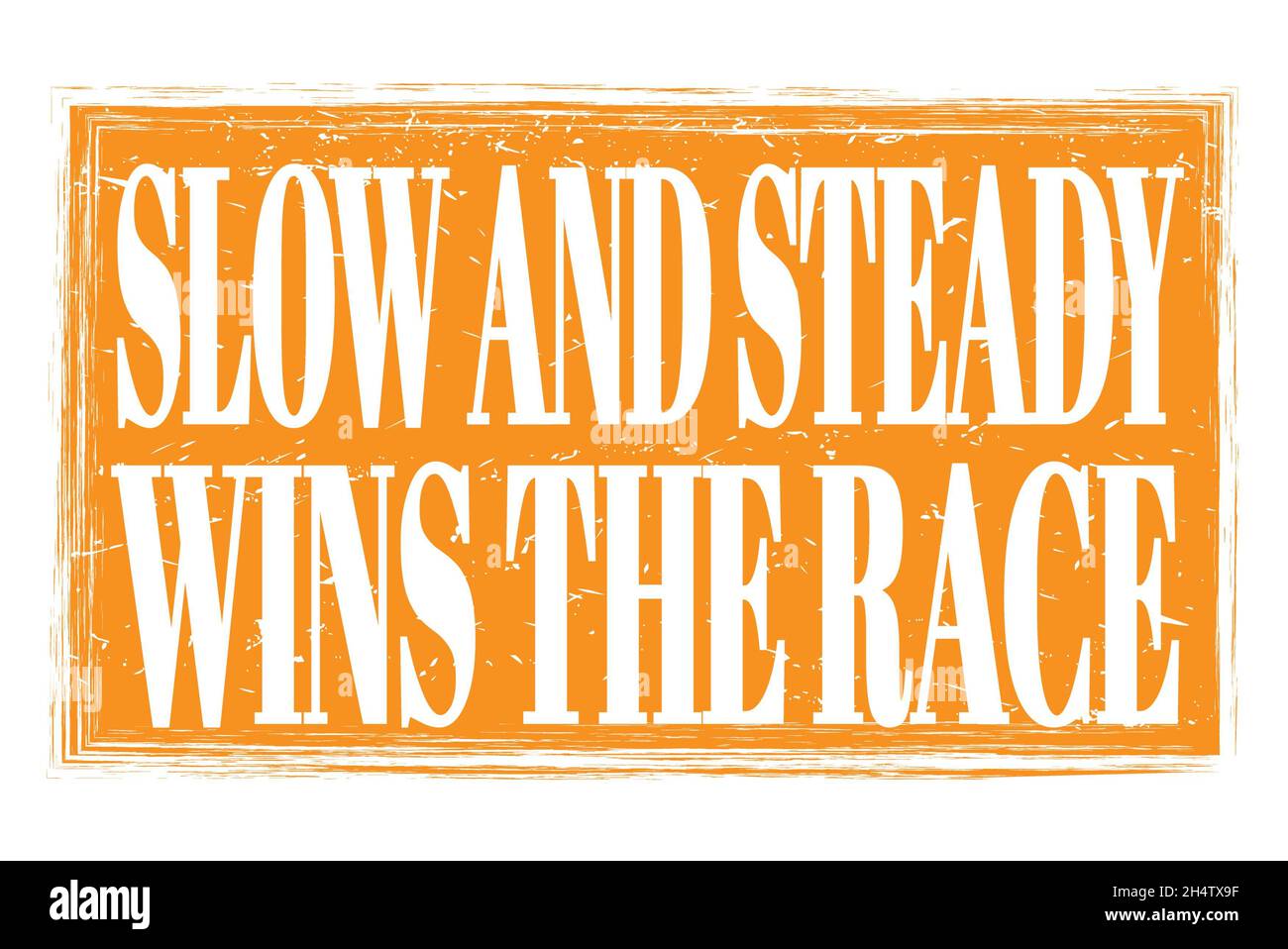 SLOW AND STEADY WINS THE RACE, words written on orange grungy stamp ...