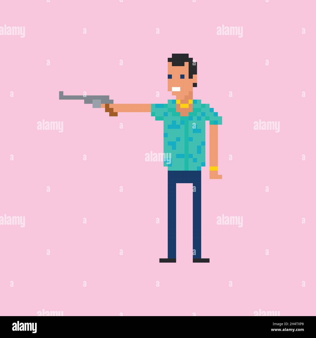 Gangster criminal character. Man pointing revolver gun wearing hawaiian ...