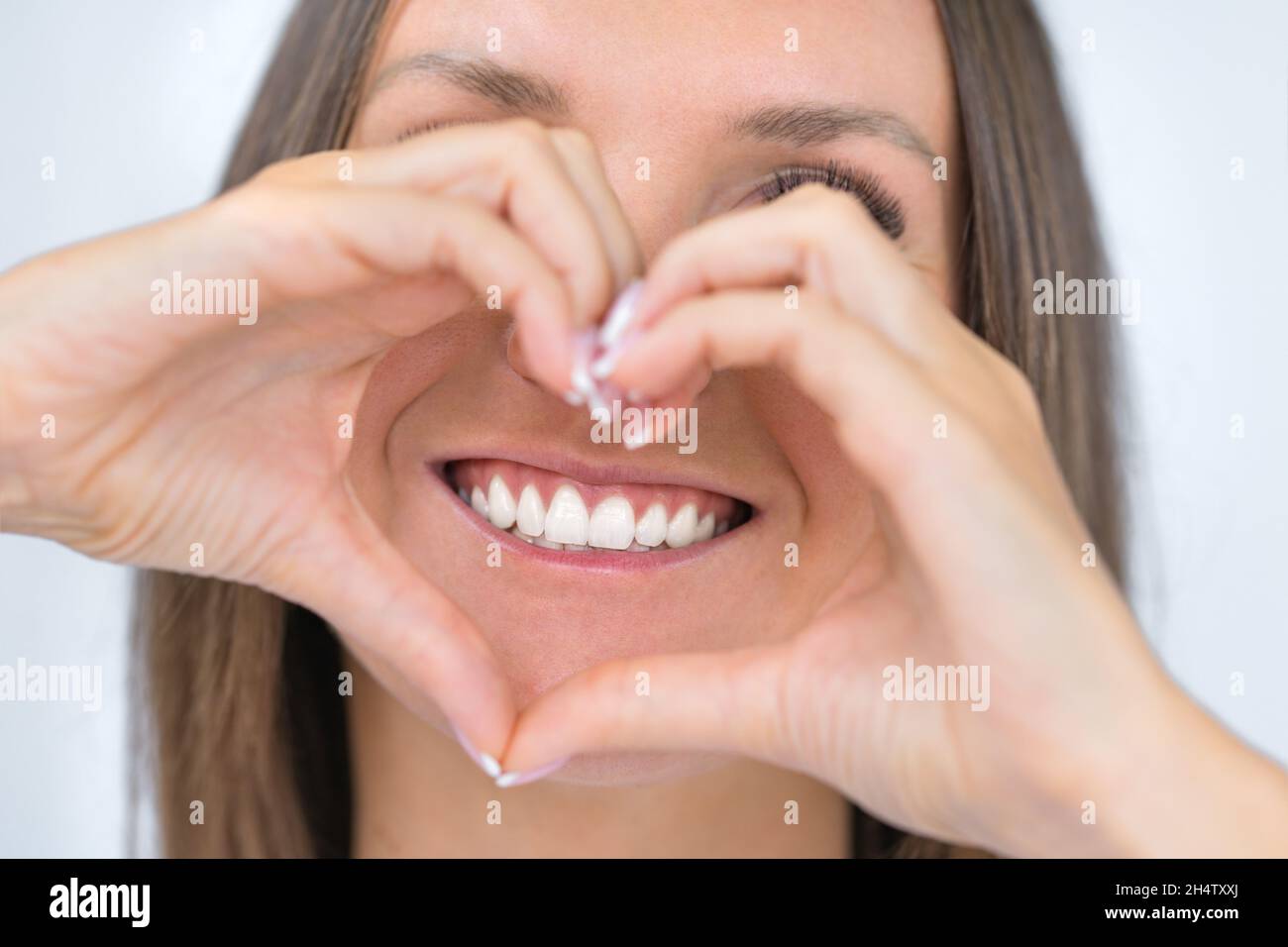 Teeth care. Woman with perfect smile with strong white teeth ...