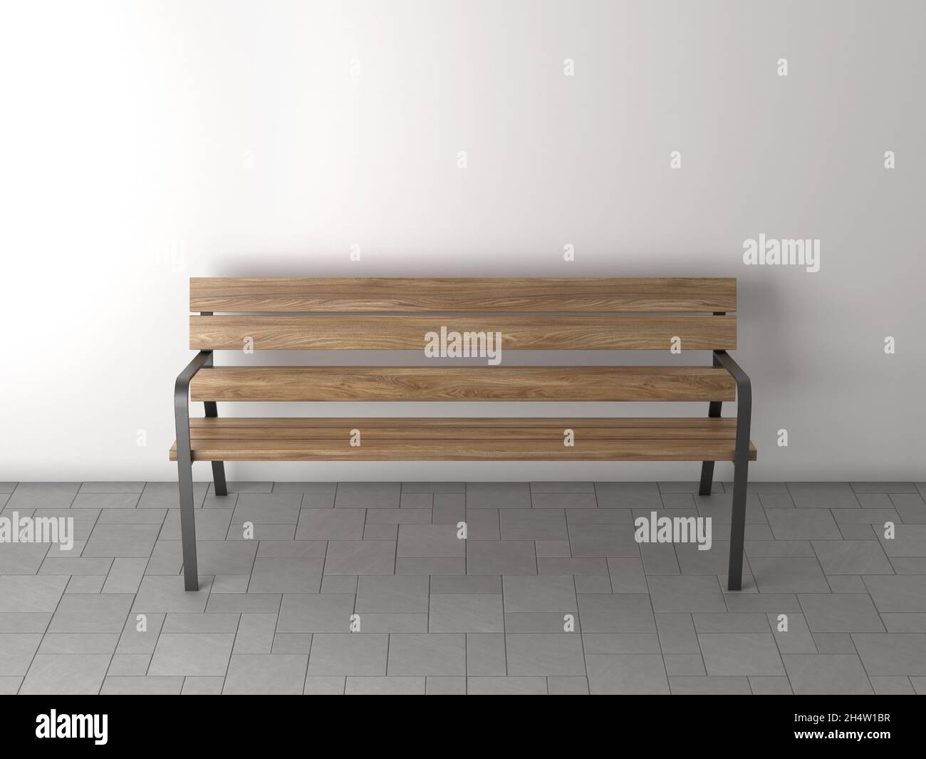 3d rendering of a wood and metal bench on a white wall background Stock ...