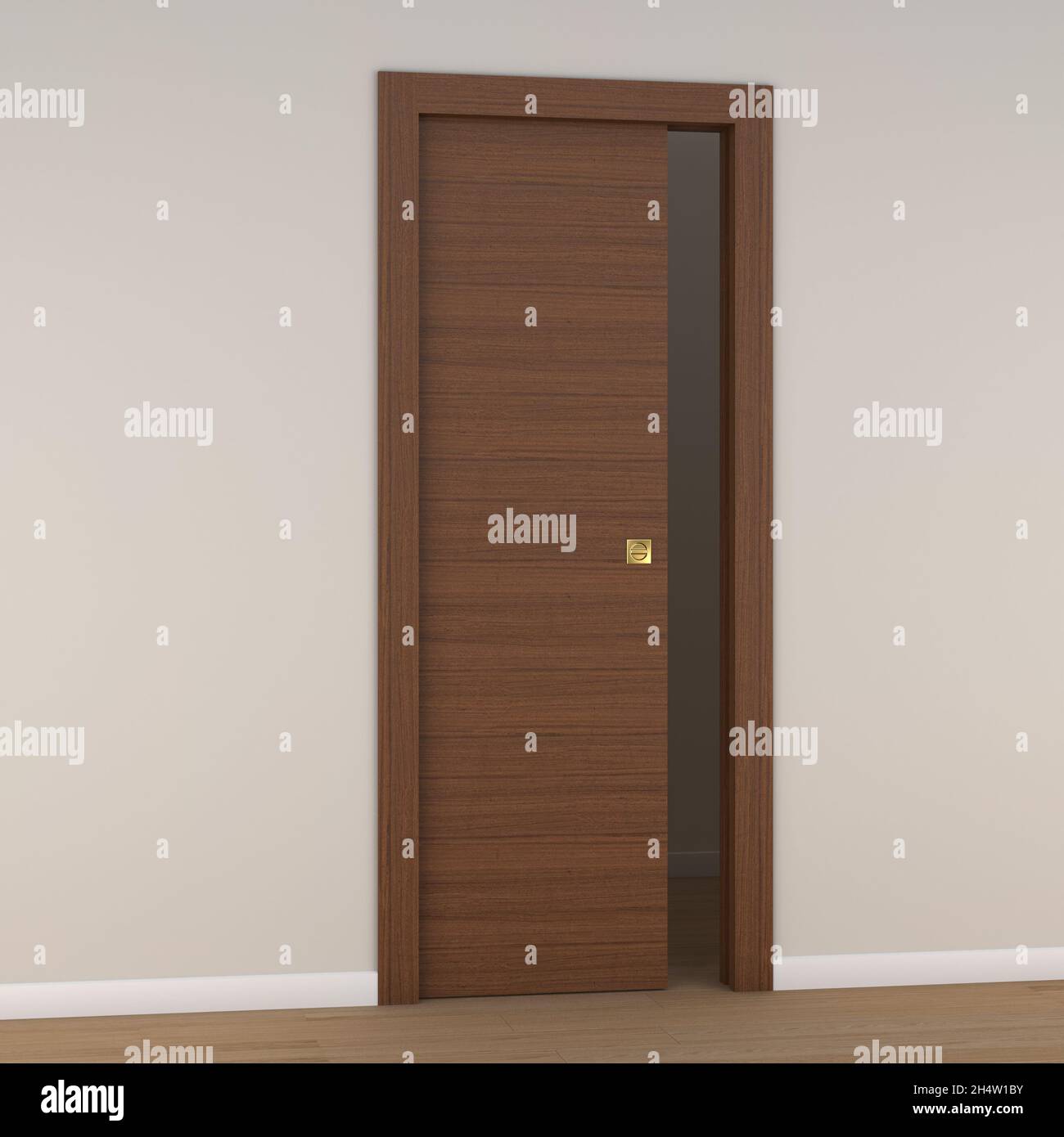 3d rendering of a single panel sliding door in iroko veneered wood ...
