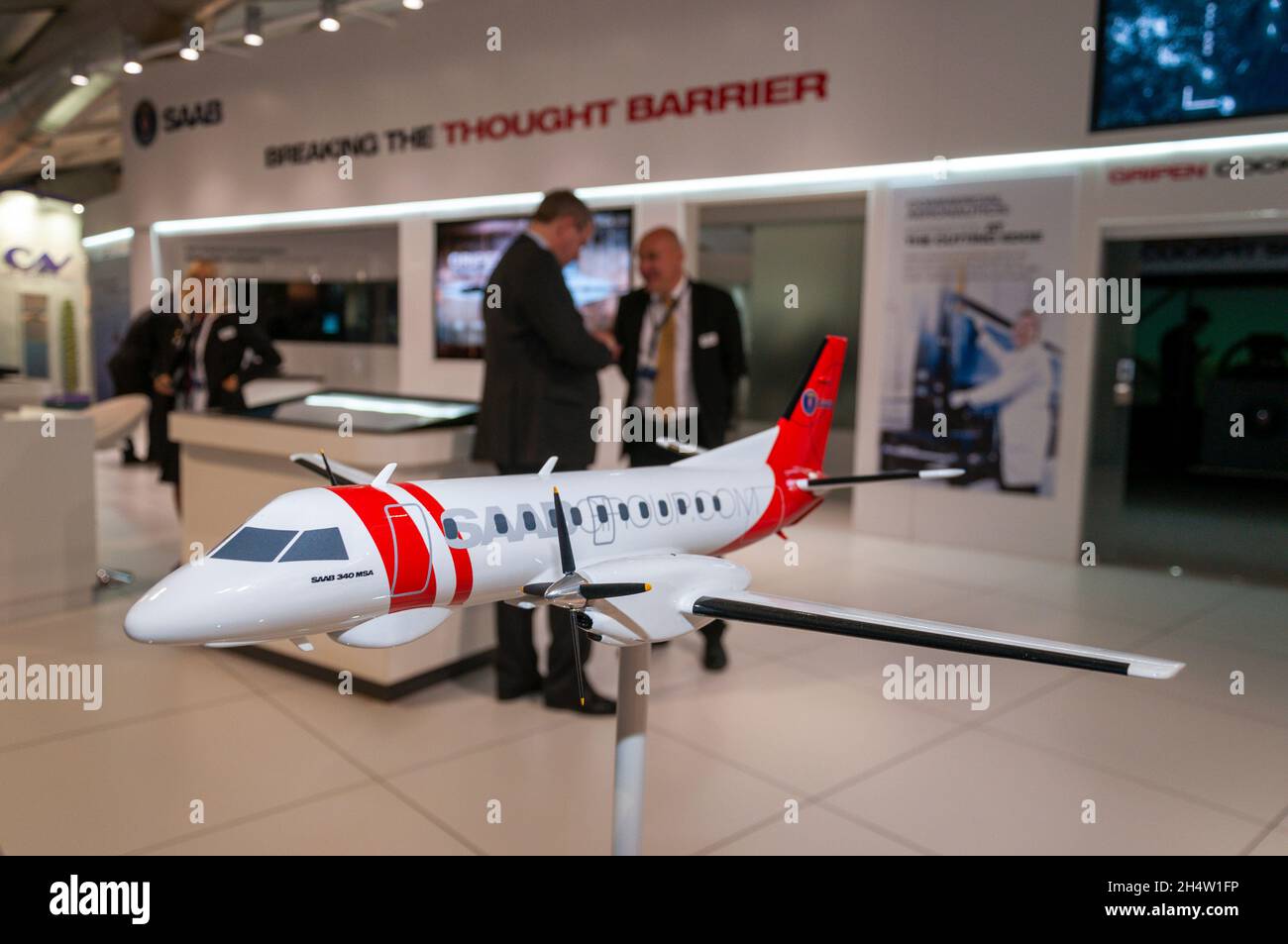 SAAB Trade stand at the Farnborough International Airshow 2014. Model ...