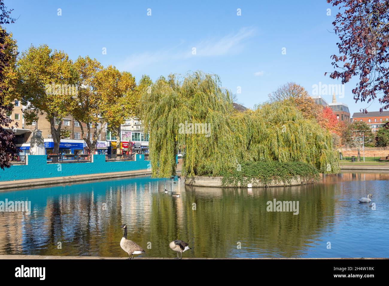 Weeping willow pond on feltham green village suburb high street hi-res ...