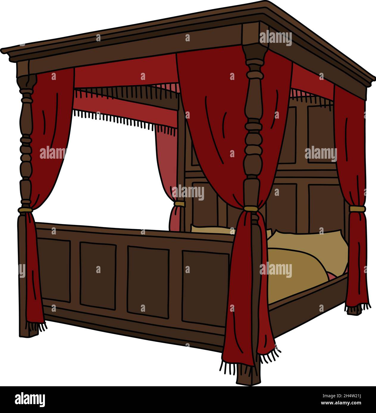 The vector illustration of an ancient baroque large wooden bed with the ...