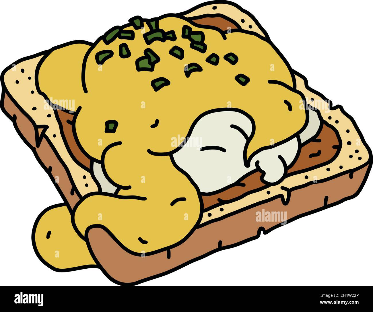 The hand drawing of a cooked egg Benedict with a hollandaise sauce ...