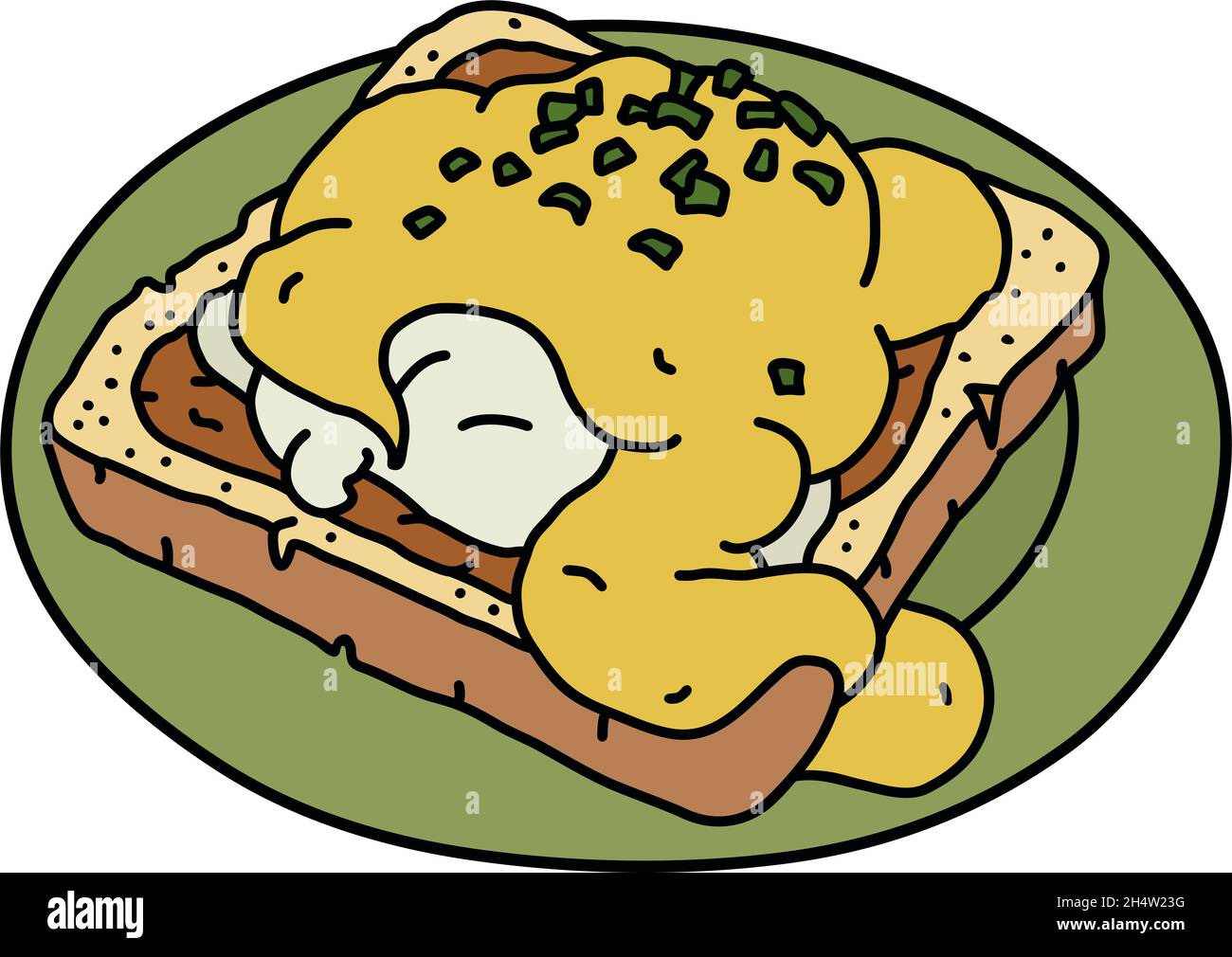 The hand drawing of a cooked egg Benedict with a hollandaise sauce on a ...