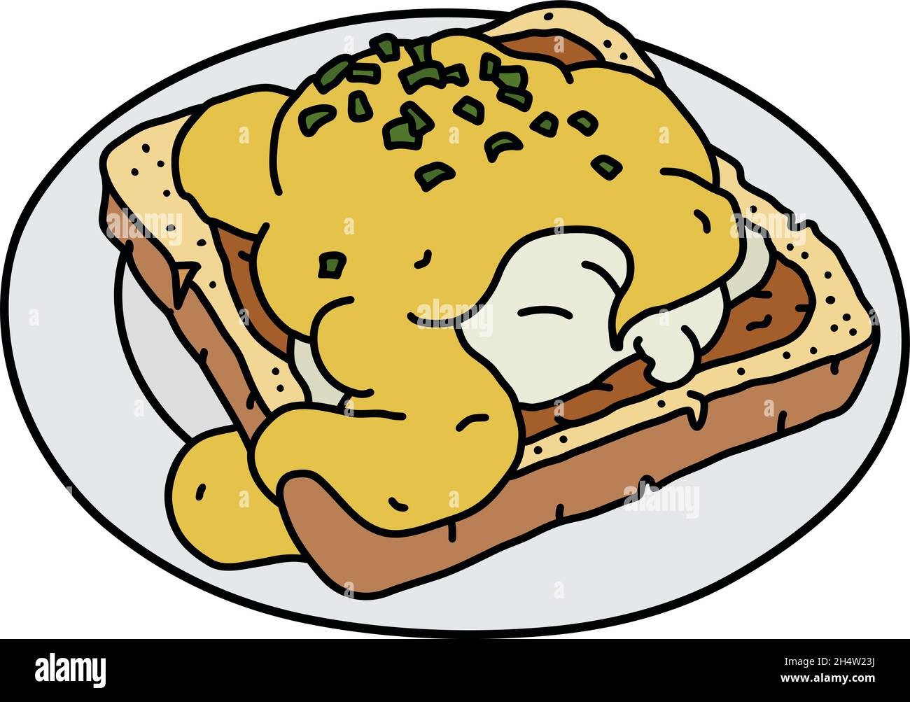 The hand drawing of a cooked egg Benedict with a hollandaise sauce ...