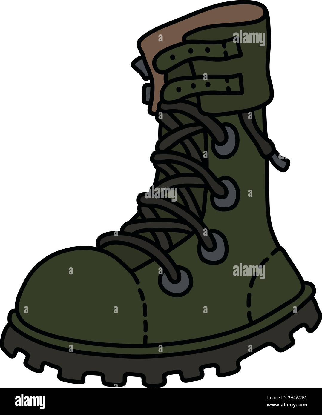 The hand drawing of a green leather high lacing military shoe Stock ...