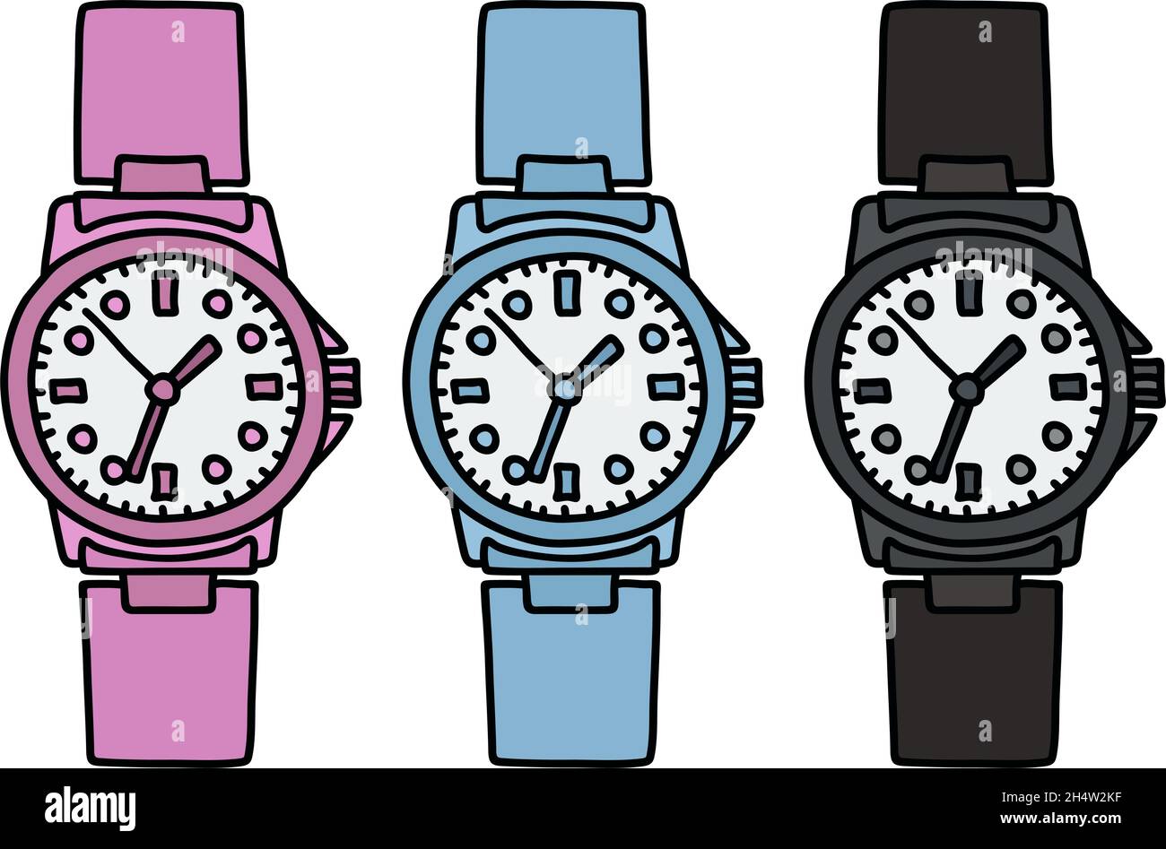 The hand drawing of three color plastic wrist watches Stock Vector ...