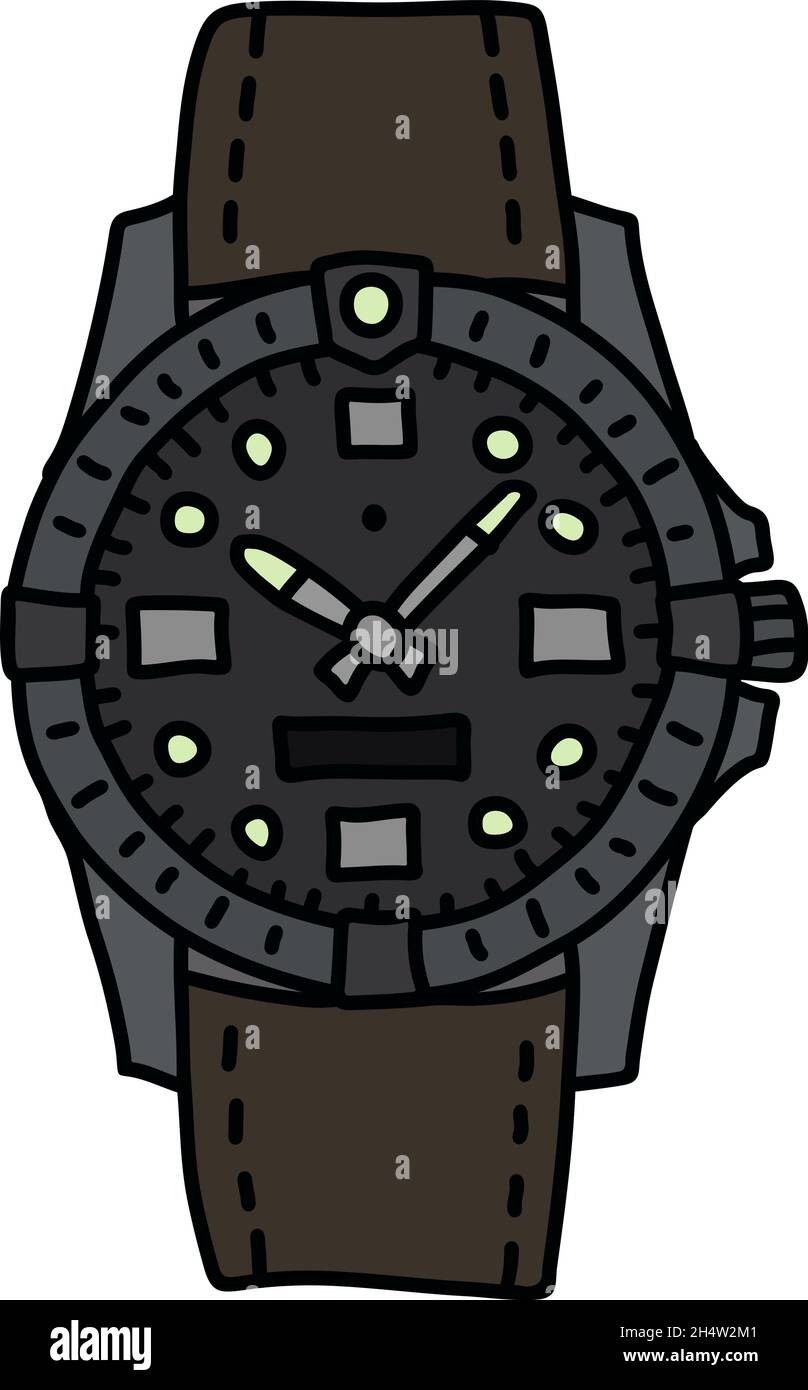 The hand drawing of a sports waterproof wristwatch with the brown ...