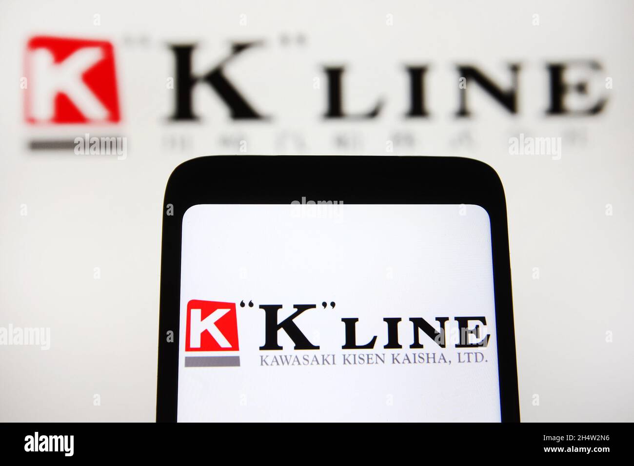 In this photo illustration a Kawasaki Kisen Kaisha, Ltd. (K Line)logo ...