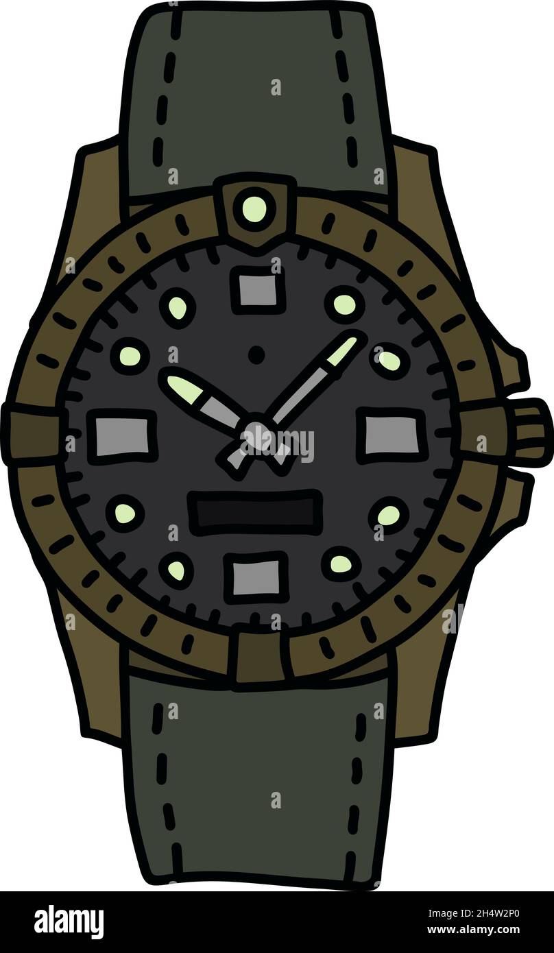 The hand drawing of a sports waterproof wristwatch with the green ...
