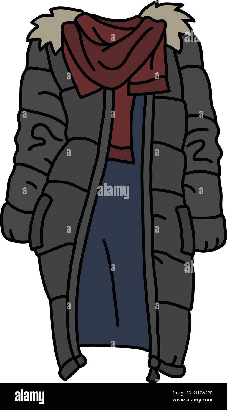 The vectorized hand drawing of a funny gray coat with a red scarf Stock ...