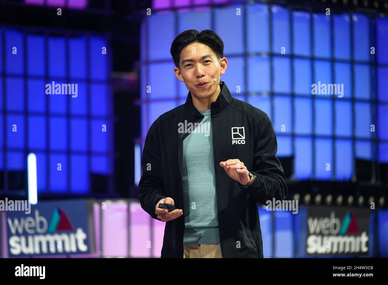 Lisbon, Portugal. 04th Nov, 2021. Nick Chen, Co-founder and CEO at Pico, addresses the audience ...
