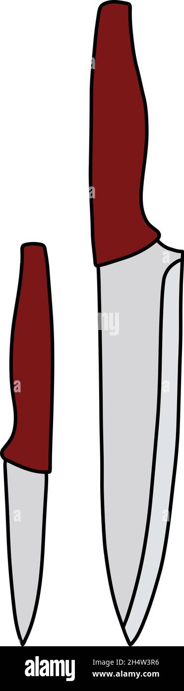 The vectorized hand drawing of large and small kitchen knives with red ...