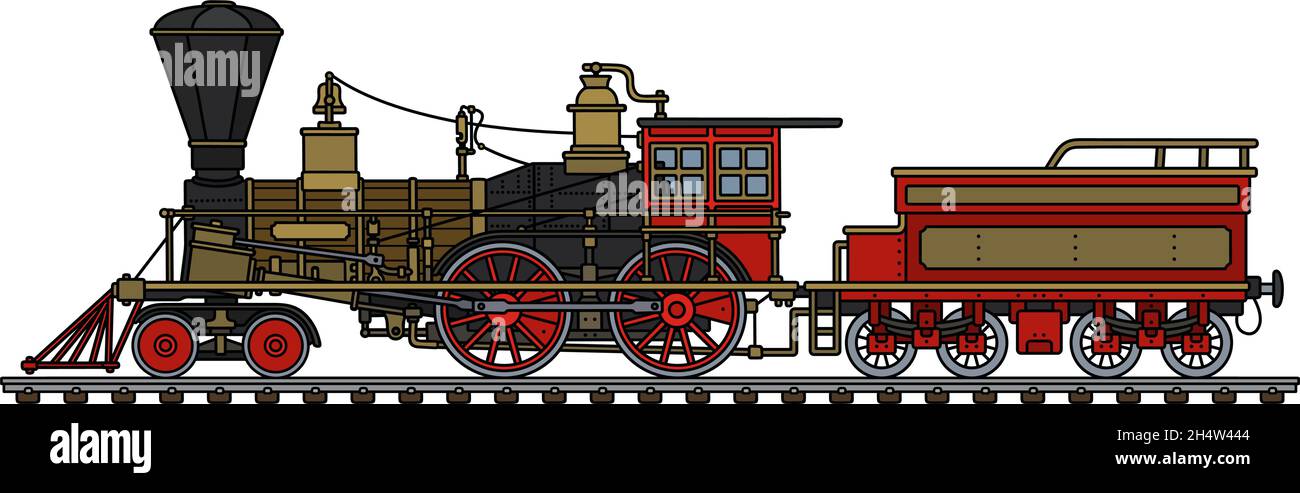 The hand drawing of a vintage red american wild west steam locomotive ...