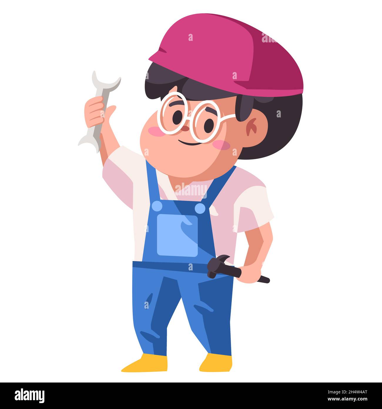 Mechanic kids blue uniform is holding screwdriver and hammer to repair ...