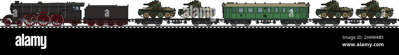 The hand drawing of a vintage military steam train with four tanks ...
