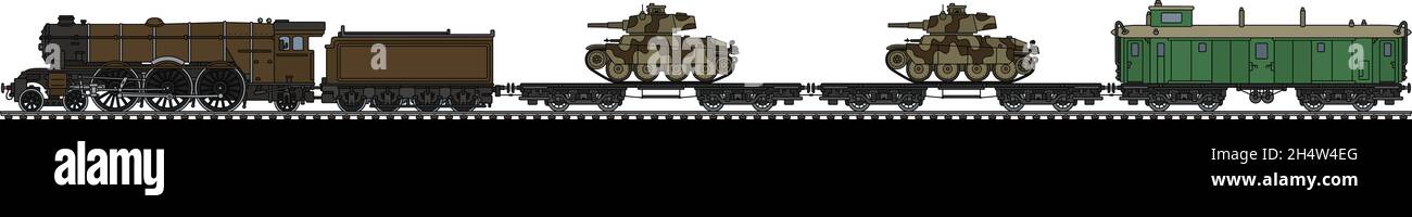 The hand drawing of a vintage military steam train with two tanks Stock ...