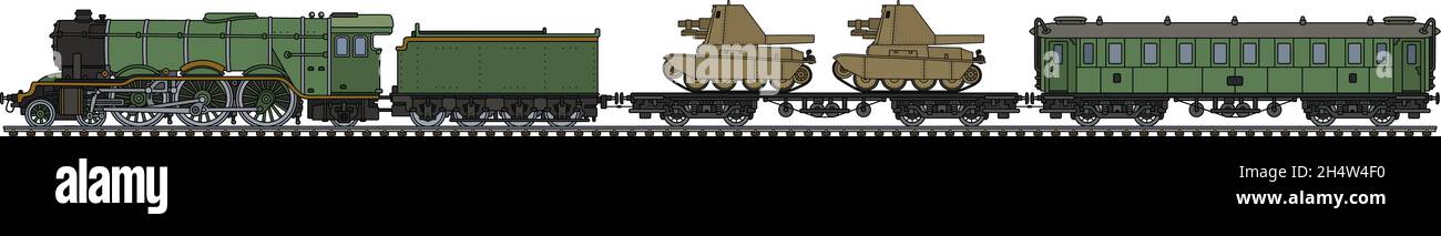 The hand drawing of a vintage military steam train with two sand ...