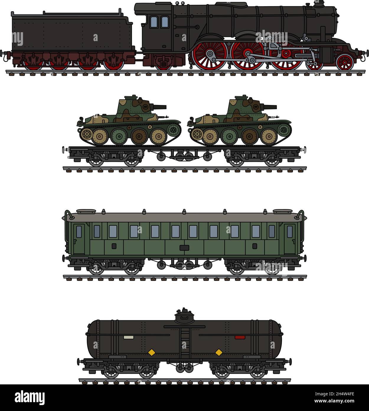 The hand drawing of a vintage military steam train with two tanks and a ...