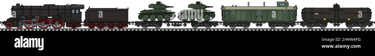 The hand drawing of a vintage military steam train with two tanks Stock ...