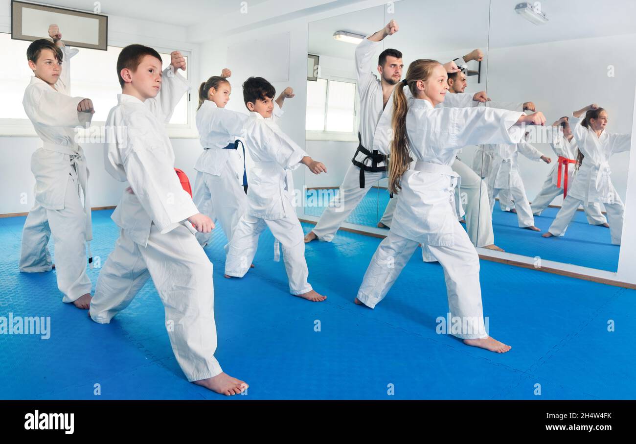 Children trying martial moves in karate class Stock Photo - Alamy