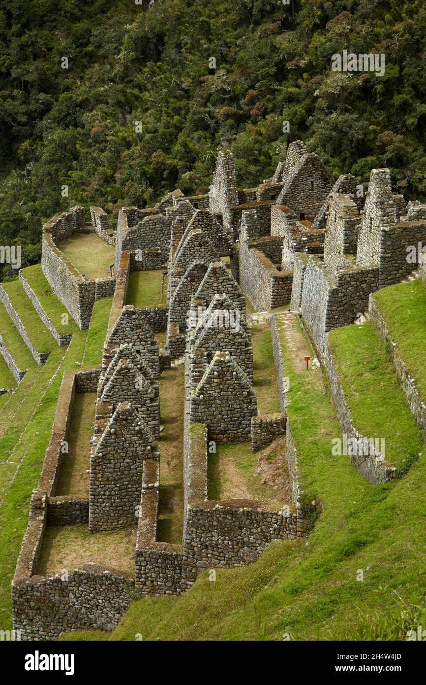Historic ruins of Inca city at Winay Wayna, on the Inca Trail to Machu ...