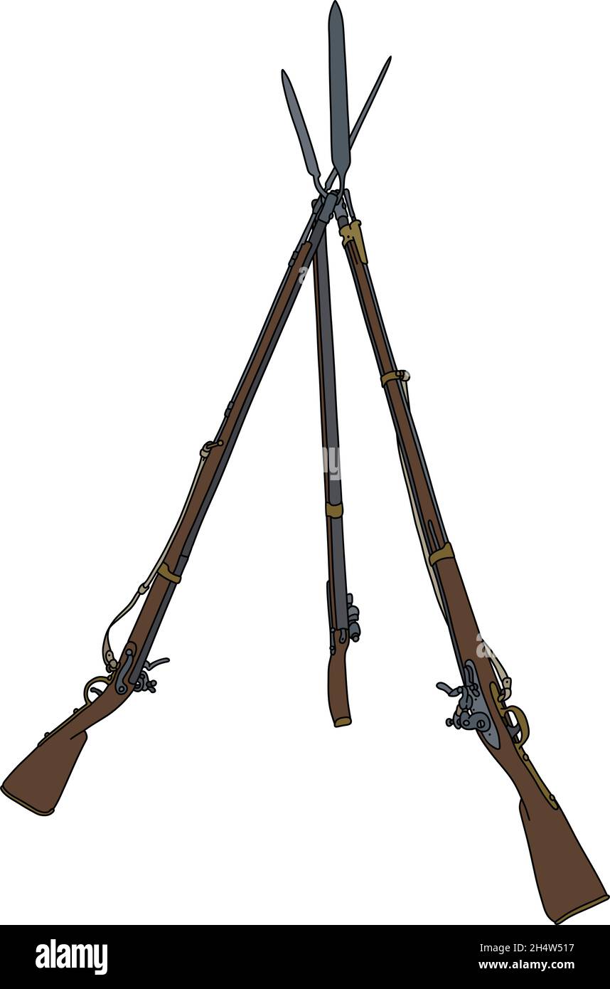 The hand drawing of three vintage military rifles built into the ...