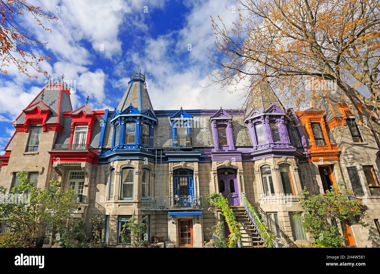 Colorful houses in Square Saint Louis in autumn, Montreal, Canada Stock ...