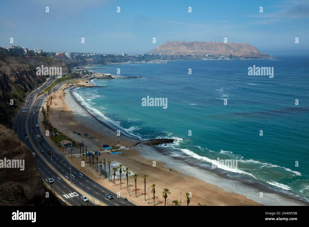 Pacific Ocean, beach, road and cliffs, Miraflores waterfront, Lima ...