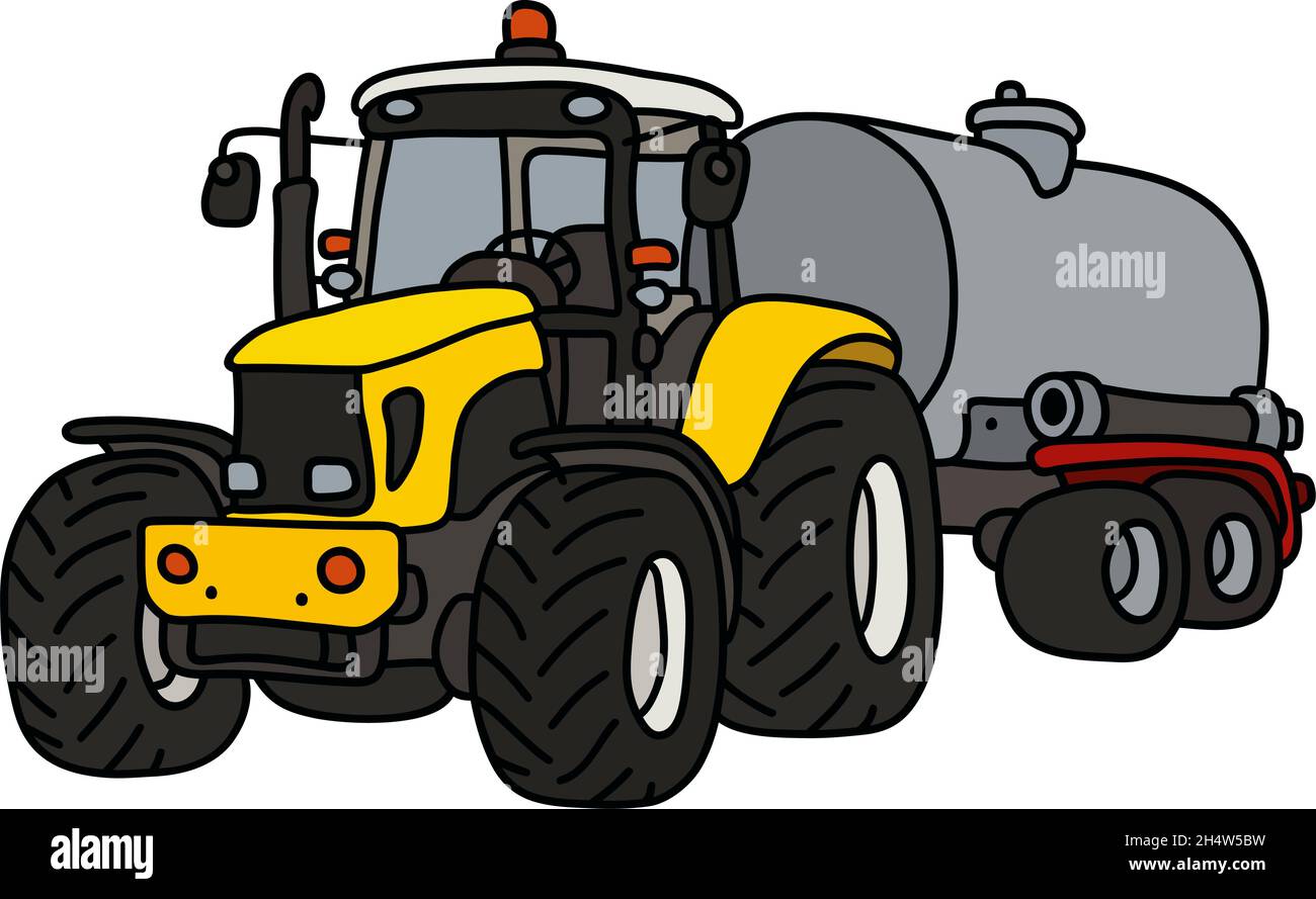 The hand drawing of a yellow heavy tractor with a steel tank trailer ...